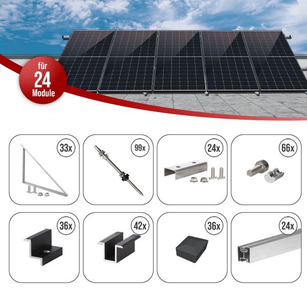 Selfio Flachdach- und Wandmontageset zur vertikalen Montage (Portrait) von 24 Photovoltaik ...